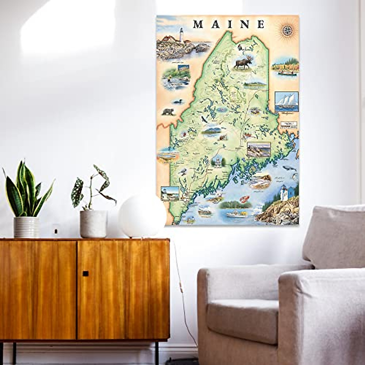 Xplorer Maps Maine State Hand-Drawn Map Poster - Authentic 18x24 Inch Vintage-Style Wall Art - Lithographic Print with Soy-Based Inks - Made In USA - Earth Tones
