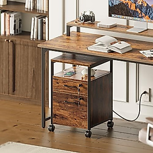 SUPERJARE File Cabinet with Lock & Charging Station, 2 Drawers Rolling Filing Cabinet, Office File Cabinet with Wheels & Open Shelf, for Home Office, A4/Letter Size Files - Rustic Brown