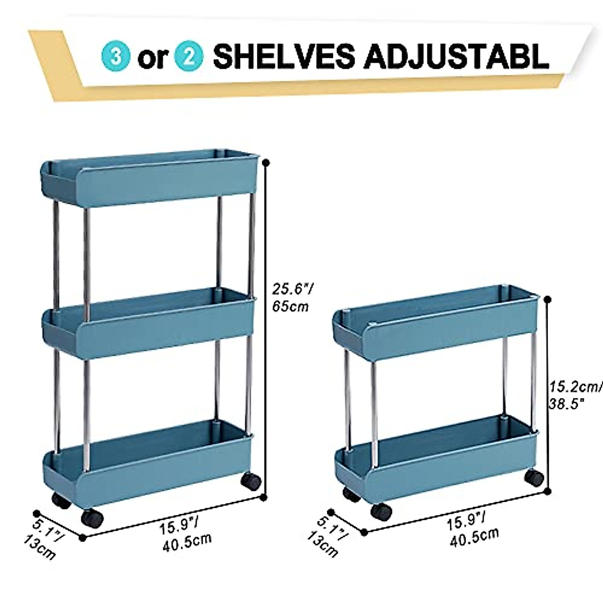 Slim Storage Cart, 3 Tier Mobile Shelving Unit Organizer, Slide Out Rolling Utility Cart Shelf Rack for Kitchen Bathroom Laundry Room Narrow Places, Plastic & Stainless Steel, Navy Blue