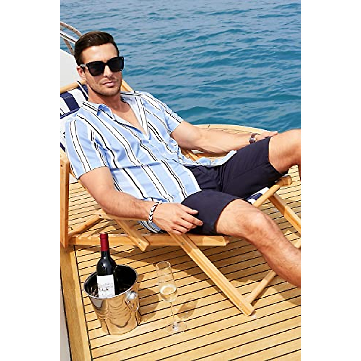 JMIERR Men's Hawaiian Striped Shirts Summer Casual Short Sleeve Button Down Beach Shirt with Pocket for Men, US 43(L), A2 Blue