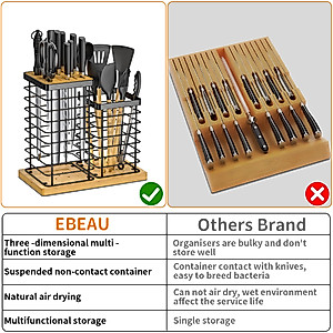 EBEAU Knife Holder + Utensil Holder, Universal Kitchen Bamboo Knife Holder without Knives, Modern Kitchen Countertop Utensil Organizer, Kitchen Knife Block with Scissors Slot and Sharpening Rod Hole