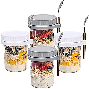 Mason Jars for Overnight Oats: 4 Pack Overnight Oats Containers with Lids and Spoons - 16 oz Glass Food Storage Containers for Milk, Cereal, Fruit - Oatmeal Jars/Canning Jars/Food Jars & Canisters