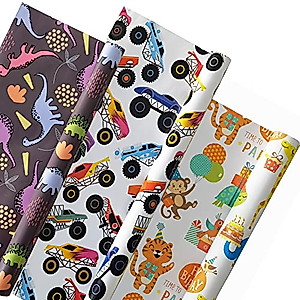 U'COVER Birthday Gift Wrapping Paper for Boys Kids Girls Baby Shower Wrapping Paper Roll 3 Styles Cartoon Dinosaur Monster Car for Holiday Anniversary