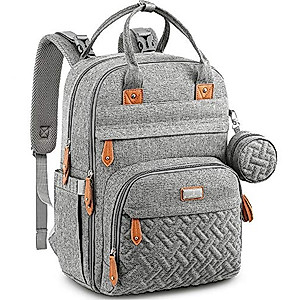 BabbleRoo Diaper Bag Backpack, Nappy Changing Bags Multifunction Waterproof Travel Back Pack with Changing Pad & Stroller Straps & Pacifier Case, Unisex and Stylish (Gray)
