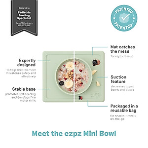 ezpz Mini Bowl for 12 Months+ (Sage) - 100% Silicone Suction Bowl with Built-in Placemat for Toddlers - Comes with a Reusable Travel Bag