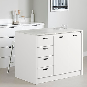 South Shore Amaro Kitchen Island with Storage, White Marble and White