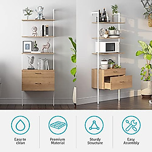 CECER Bookshelf with Wood Drawers and Matte Steel Frame for Small Places Bedroom Office Apartment