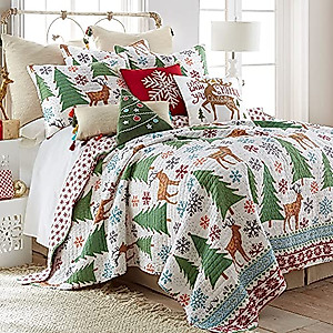 Levtex Home Merry & Bright Collecion - Tinsel Quilt Set - Full/Queen Holiday Quilt 88x92 and Two Standard Shams 20x26 - Folk Christmas Reindeer - Reversible