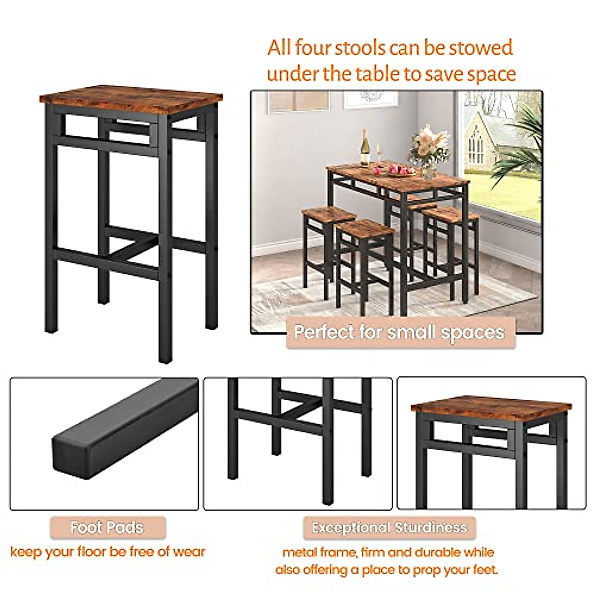 5 Piece Dining Set, Dining Table with 4 Stools, Home Kitchen Breakfast Table, Bar Table Set, Bar Table with 4 Bar Stools, Kitchen Counter with Bar Chairs (Rustic Brown)