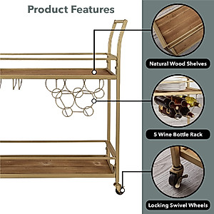 FirsTime & Co. Gold and Brown Francesca Bar Cart, 2 Tier Mobile Mini Bar, Kitchen Serving Cart and Coffee Station with Storage for Wine and Glasses, Metal and Wood, Modern