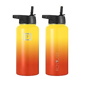 IRON °FLASK Sports Water Bottle - Wide Mouth with 3 Straw Lids - Stainless Steel Gym & Outdoor Bottles for Men, Women & Kids - Double Walled, Insulated Thermos, Metal Canteen - Fire, 32 Oz