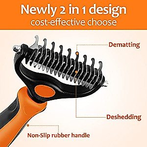 Undercoat rake for Dogs，Dog Deshedding Brush for Large Dogs，2 in 1 Dematting Comb & deShedding Tool for Long Hair Cats，Pet Hair Grooming Brush, Clear mats and tangles, Reduces Shedding by 95%…