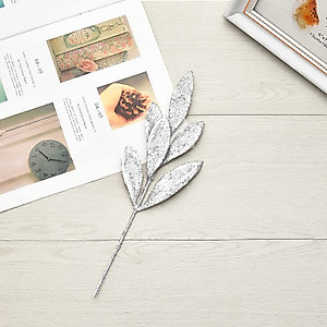 Dolicer 24PCS Artificial Silver Glitter Leaf Fake Plants Silver Leaves Christmas Glitter Leaf Spray Christmas Floral Vase Arrangement Bouquets for Christmas Tree Wedding Home Garden Party Gift Decor