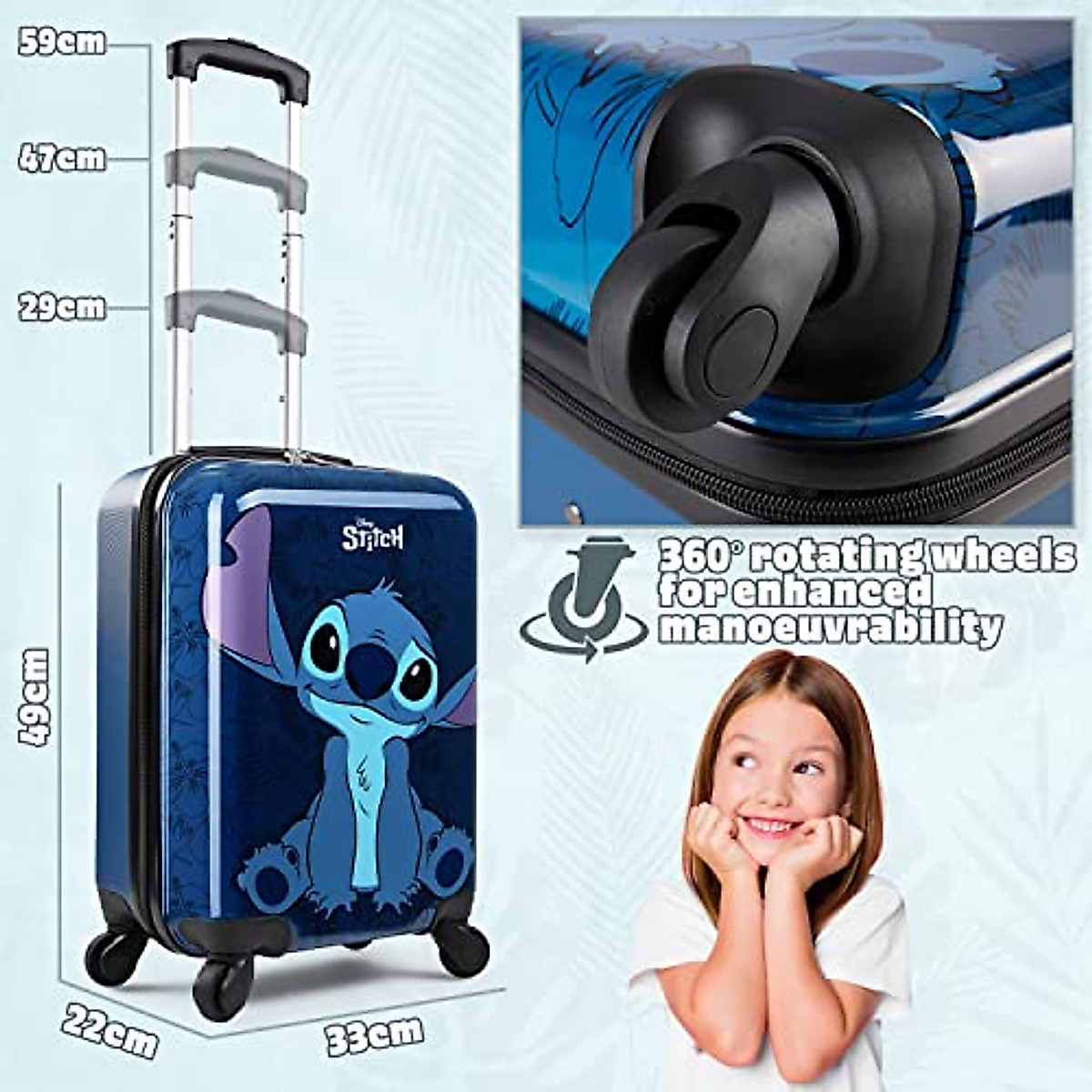 Disney Stitch Carry On Suitcase for Kids Cabin Bag with Wheels Luggage Bag for Girls Boys Carry On Minnie Mouse Travel Bag with Wheels and Handle Stitch Gifts (Dark Blue Stitch)