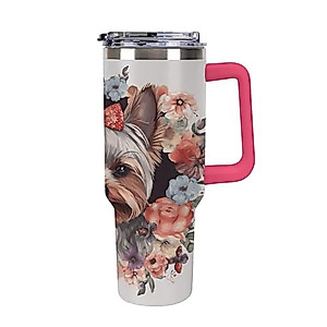 WYUSPGK 40oz Stainless Steel Car Mug, Yorkie Floral Print Travel Mug, Double-Wall Insulated with Straw, Perfect for Car, Office, Outdoor