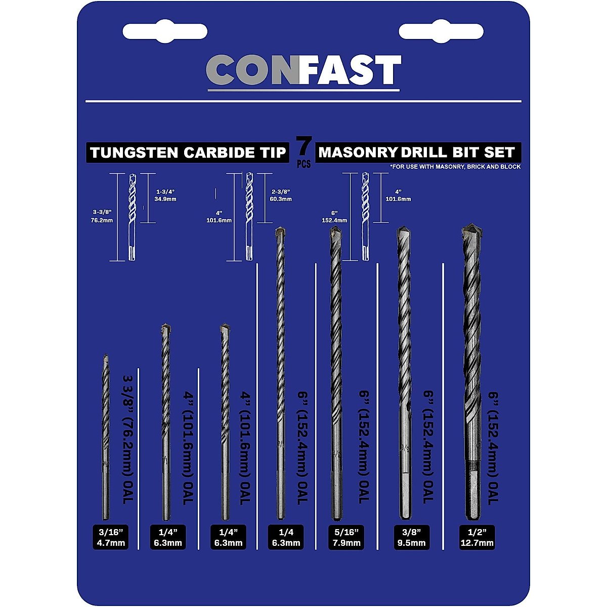 CONFAST Masonry Drill Bit 7 Piece Set, for use with Brick, Block, Concrete and Cement