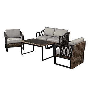 Patio Festival Five-Wicker Outdoor 5-Piece Conversation Set Black Brown Grey Modern Contemporary Transitional Resin Wicker Metal Finish Arm Chairs Coffee Table