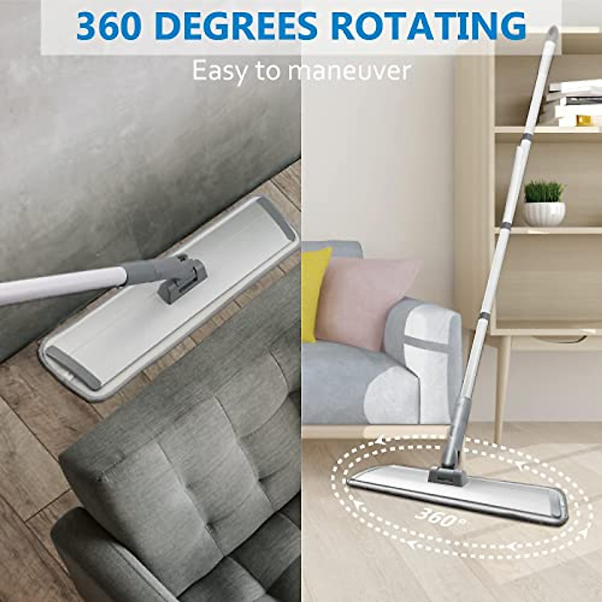Microfiber Mop for Floor Cleaning, Aifacay Flat Floor Mop with 4 Washable Mop Pads Wet Mop System 360 Swivel Dust Dry Mop for Hardwood Laminate Tile Vinyl Floors Wall Baseboard Mop with Long Handle