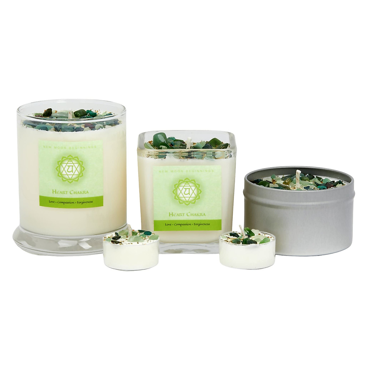 Heart Chakra Candle by New Moon Beginnings - Chakra Candles - Dried Flower, Herb, & Crystal Candles - Aromatherapy Candles - Soy Candle - 8oz Tin