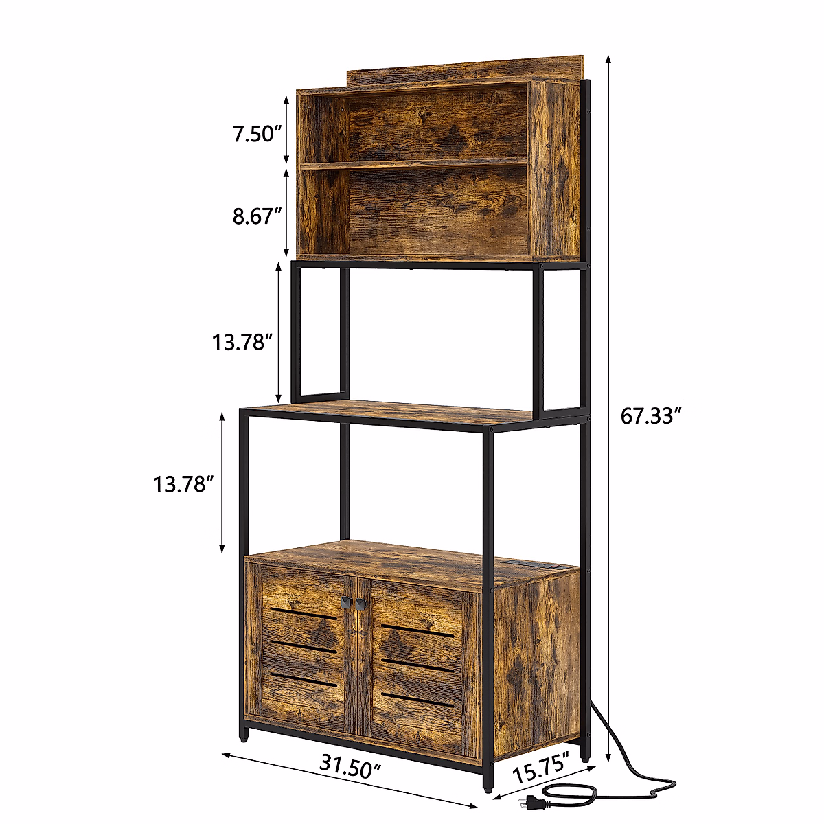 Furniouse 5-Tier Kitchen Bakers Rack with Power Outlet, Industrial Microwave Oven Stand with Shelves, Kitchen Utility Storage Shelf with Cabinet, Standing Kitchen Storage Rack, Rustic Brown