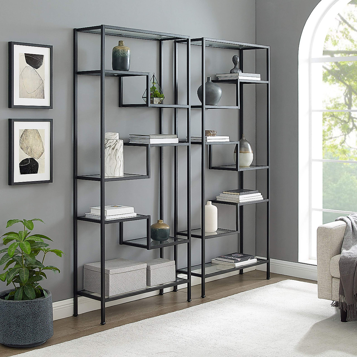 Crosley Furniture Sloane 2-Piece Bookshelf Set with Glass Shelves, Bookcase Storage, Matte Black