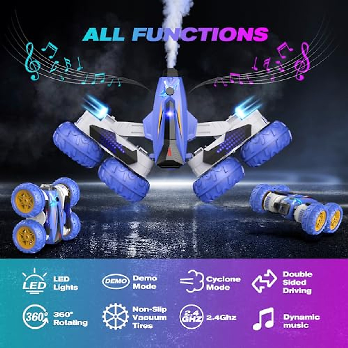 AEROQUEST Remote Control Car - Double Sided RC Stunt Car, 360°Rotating 4WD Off-Road RC Cars with Headlights& Music 2.4Ghz Indoor/Outdoor Rechargeable Toy Car for Boys Age 3-7 8-12 Birthday Xmas Gift