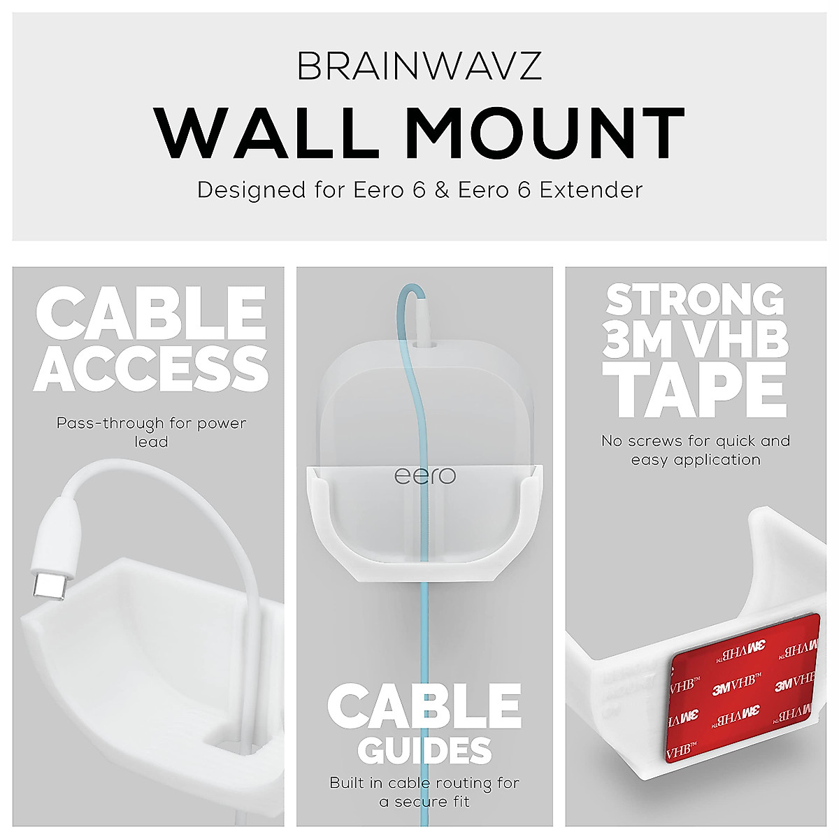 Screwless Wall Mount for Eero 6 Mesh WiFi Holder, Custom Design (NOT Compatible with Eero Pro 6 / Beacon), Strong VHB Adhesive, No Tools, No Mess, White by Brainwavz