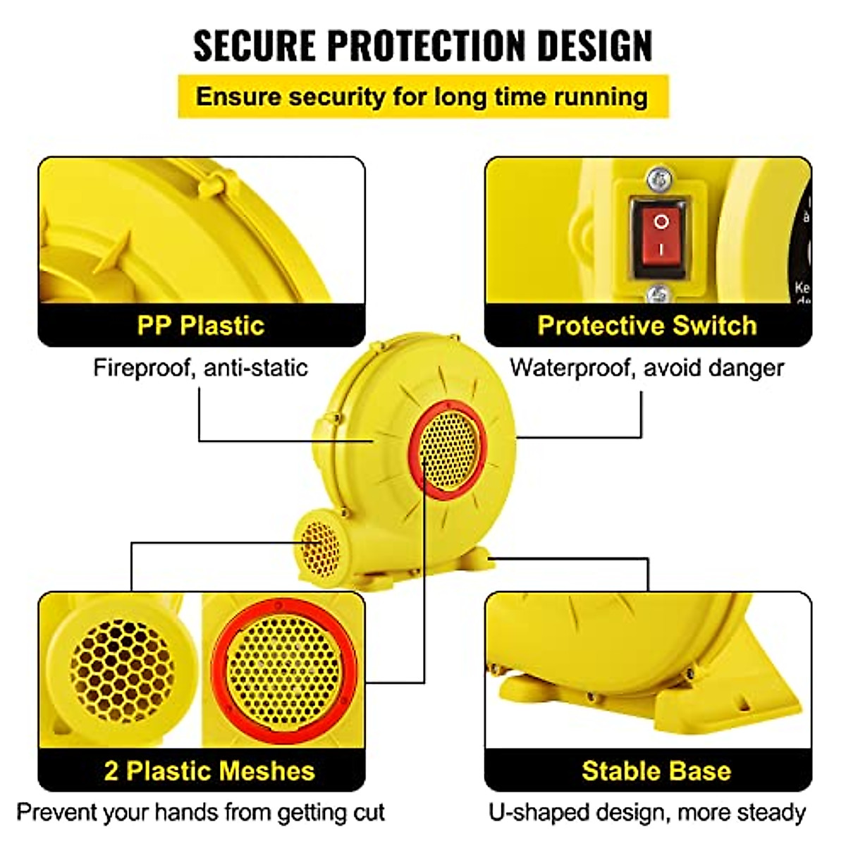 VEVOR Air Blower, 450W 0.6HP Inflatable Blower, Portable and Powerful Bounce House Blower, 1750Pa Commercial Air Blower Pump Fan, Used for Inflatable Bouncy Castle and Jump Slides, Yellow