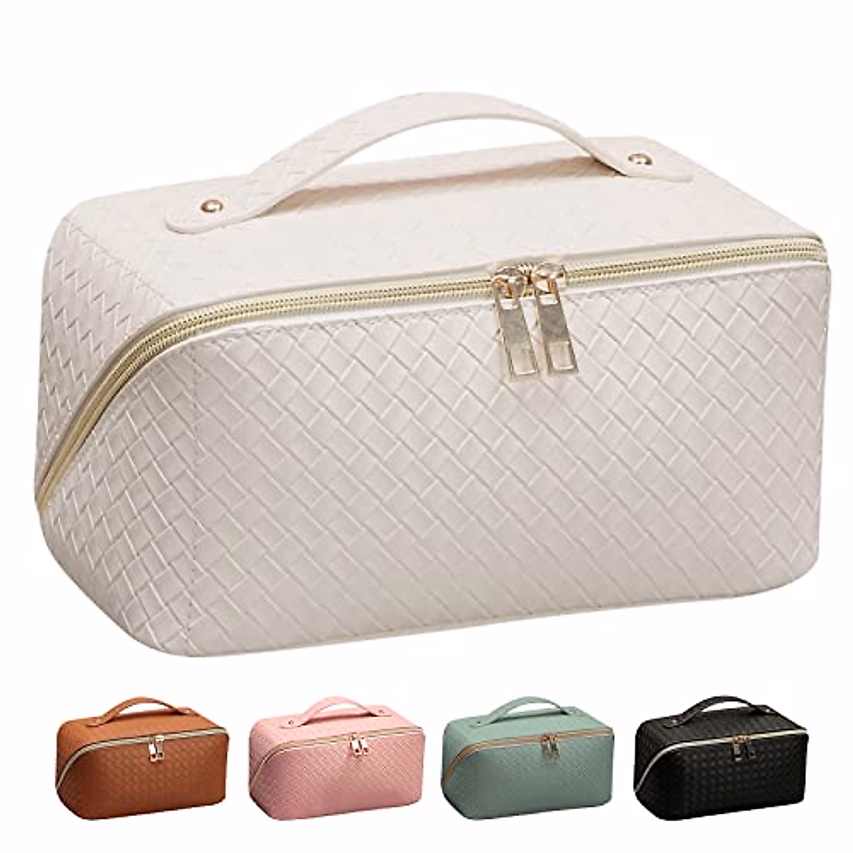 Travel Makeup Bag Large Capacity Travel Cosmetic Bags for Women Waterproof Lay Flat Leather Makeup Bag with Divider and Handle Makeup Organizer Bags Travelling Cosmetic Pouch Skincare Bag,White