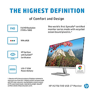 HP M27fd FHD 65w USB-C Monitor - Works With Chromebook - Computer Monitor with 27-inch IPS Display(1080p)- Eyesafe & 99% sRGB - AMD Freesync- HDMI, VGA & USB-C - Borderless Design- Tilt Adjust - Black