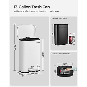 SONGMICS 13 Gallon Trash Can, Stainless Steel Kitchen Garbage Can, Recycling or Waste Bin, Soft Close, Step-On Pedal, Removable Inner Bucket, White ULTB050W01