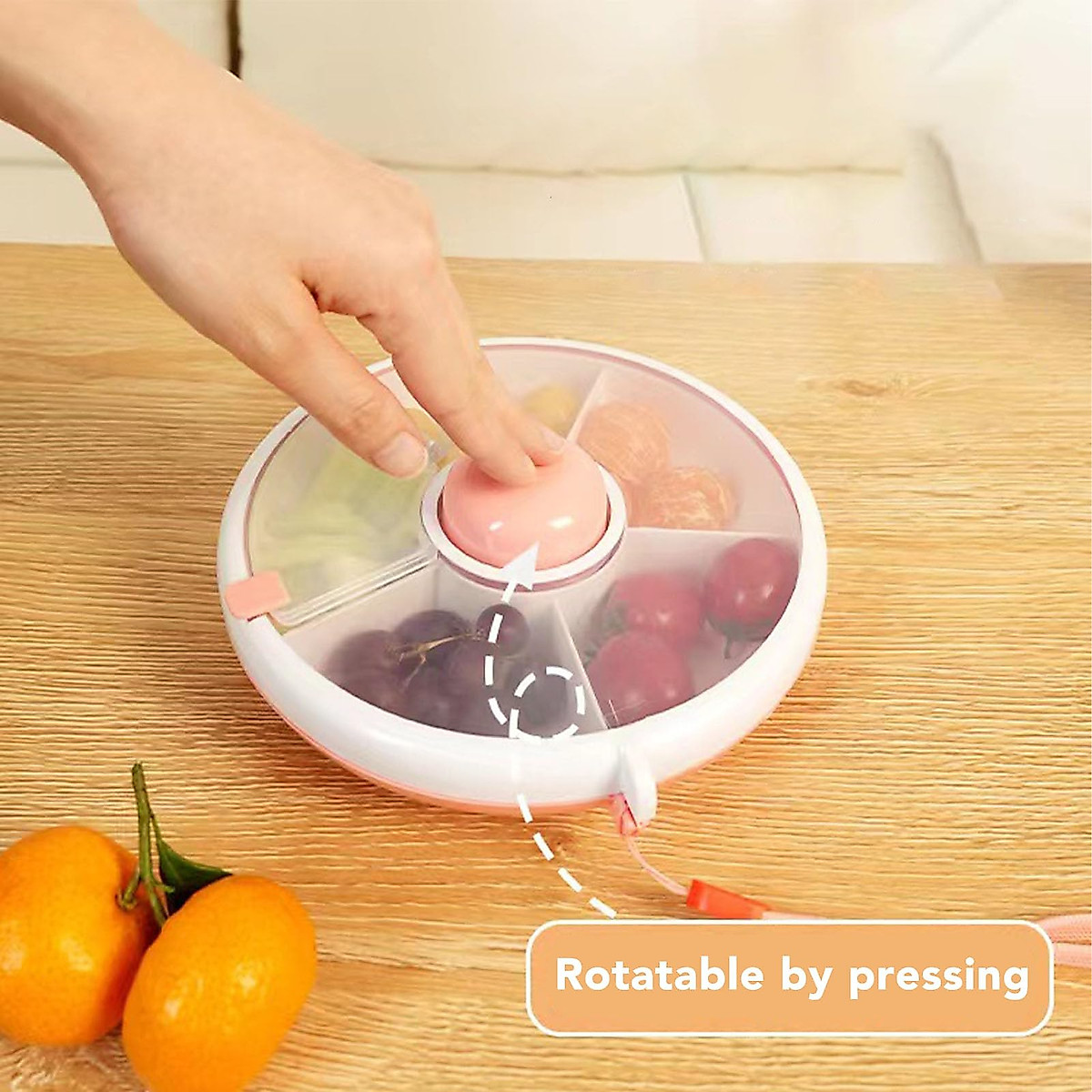 Snack Rotating Divider, Pinkish Fruit Spinner Organizer with Lid, Portable Livmo Snack Tray for Home Office Kids Lunch