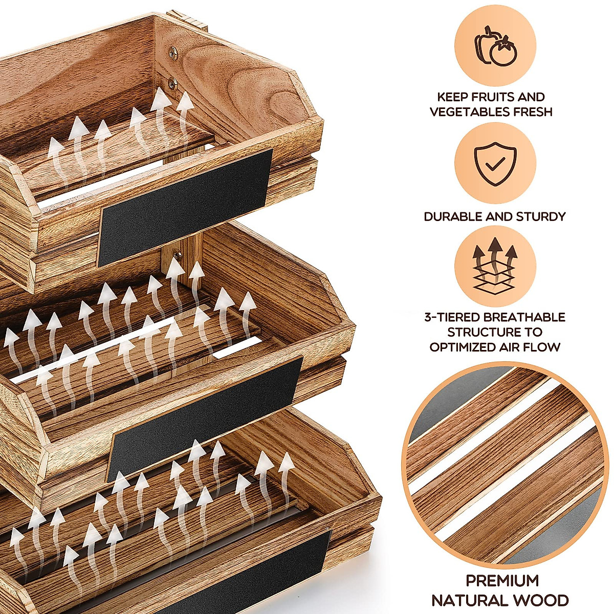 2 Pcs 3 Tier Fruit Basket for Kitchen Wooden Fruit Bowl Fruit Stand for Kitchen Countertop Heavy Duty Fruit and Vegetable Storage Holder for Fruit, Vegetables, Bread, Produce Home Storage and Display