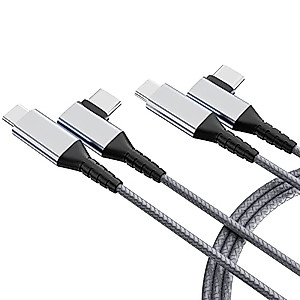 WATACHE USB C to USB C Cable, 6.6 ft Galaxy S23/23 Plus/23 Ultra Fast Charging Right Angle Type C Cable, Nylon Braided Type-C Cable 2 Pack for Home Office Travel Cord Charging(6.6 Ft, 2 Gary)
