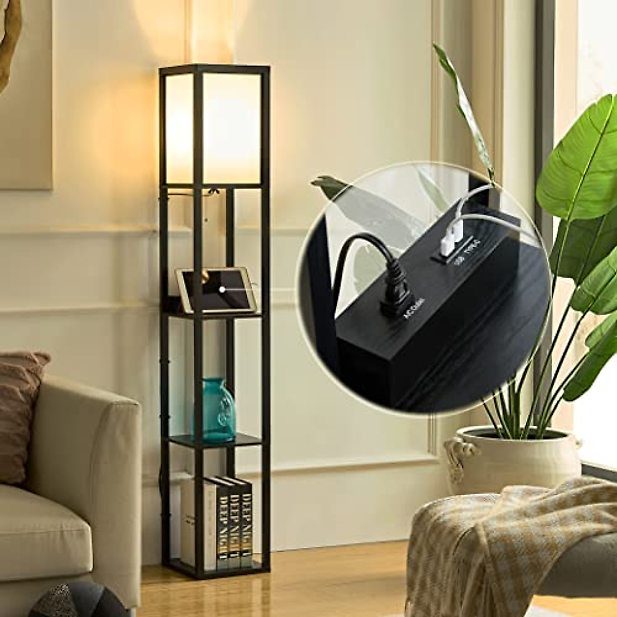 ATAMIN Avery - 63" Floor Lamp with Fast Charging USB, USB-C & Power Outlet, Shelf Floor Lamps for Living Room, Standing Lamp with Charging Station - Black
