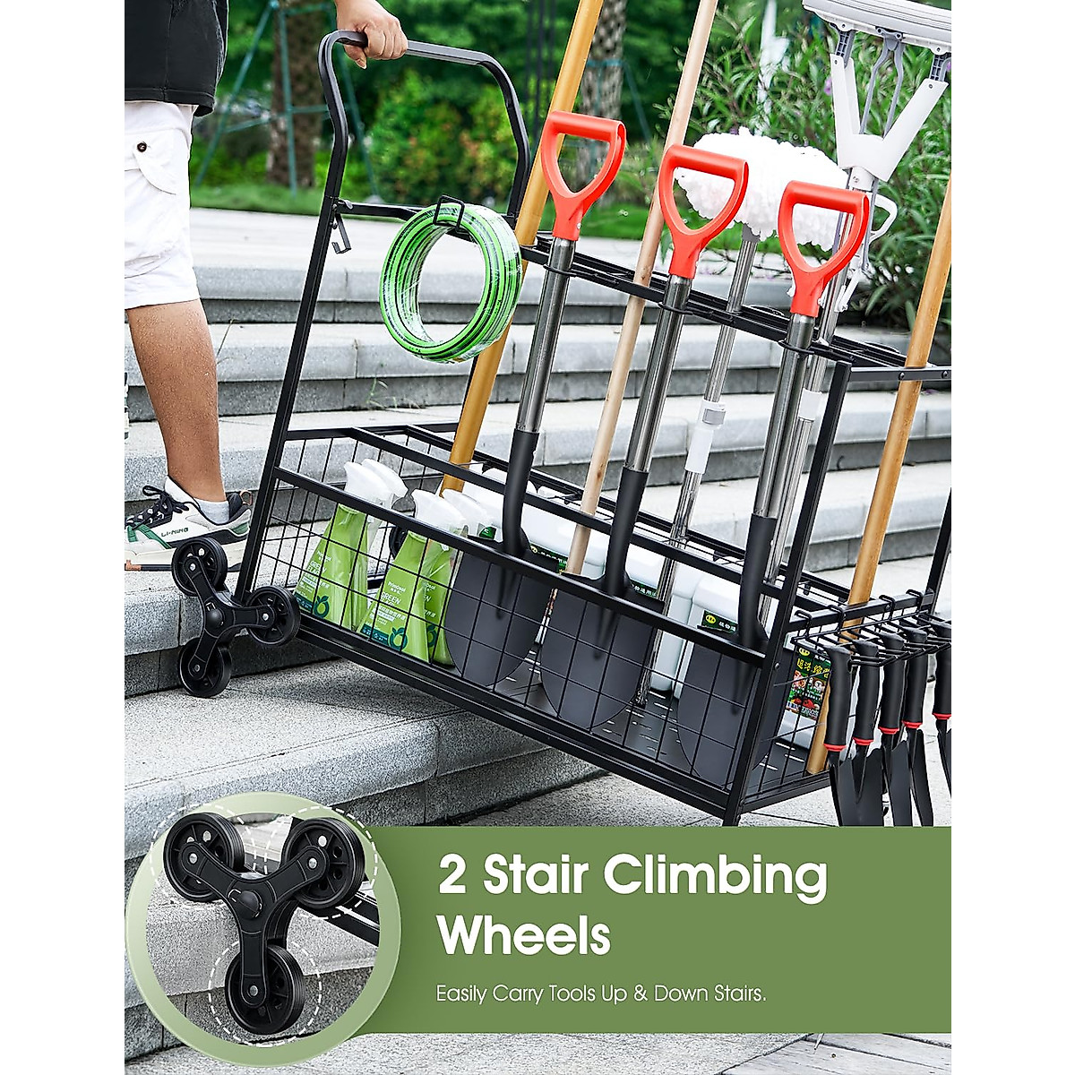 Heavy-Duty Garden Tool Organizer for Garage with 2 Stair-Climbing Wheels, Lawn & Yard Tool Storage Rack, Garage Tool Cart with Lockable Wheels, Outdoor Garden Tool Storage for Sheds