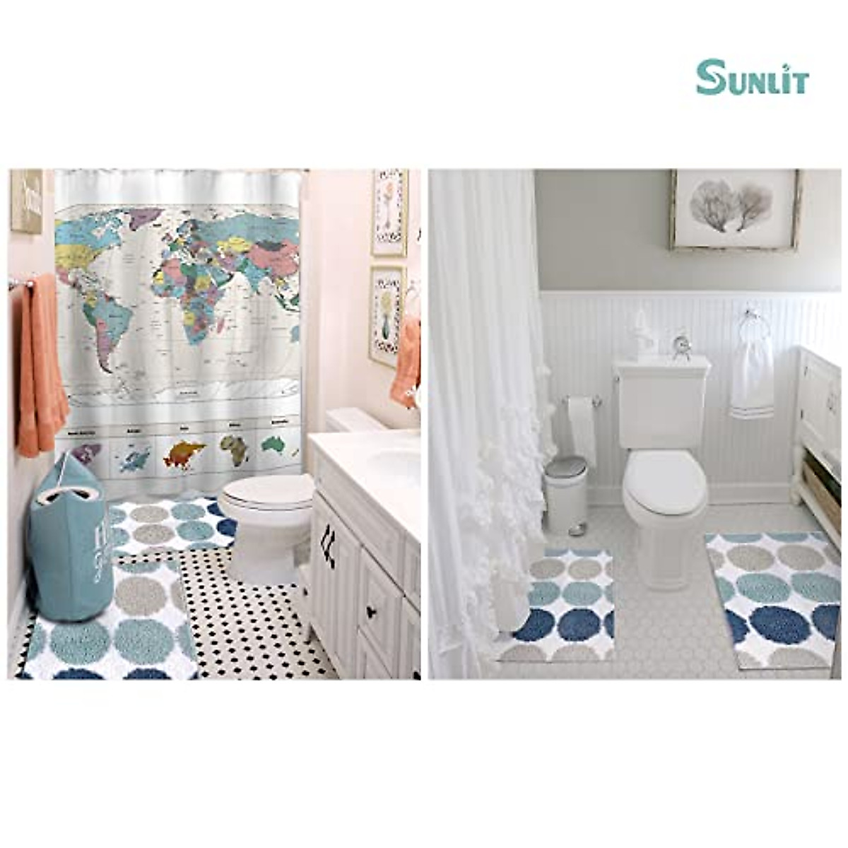Sunlit 2 Pieces Bathroom Rugs Set, Non-Slip Absorbent Soft Shaggy Farmhouse Bath Mat, Floor Mat Dry Fast Machine Washable. Blue Teal Beige Polka Dot (20"x30"&17"x24")