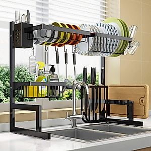 Over The Sink Dish Drying Rack Adjustable (25.6"-33.5"), 2 Tier Stainless Steel Dish Rack Drainer, Large Dish Rack Over Sink for Kitchen Counter Organizer Storage Space Saver with 10 Utility Hooks