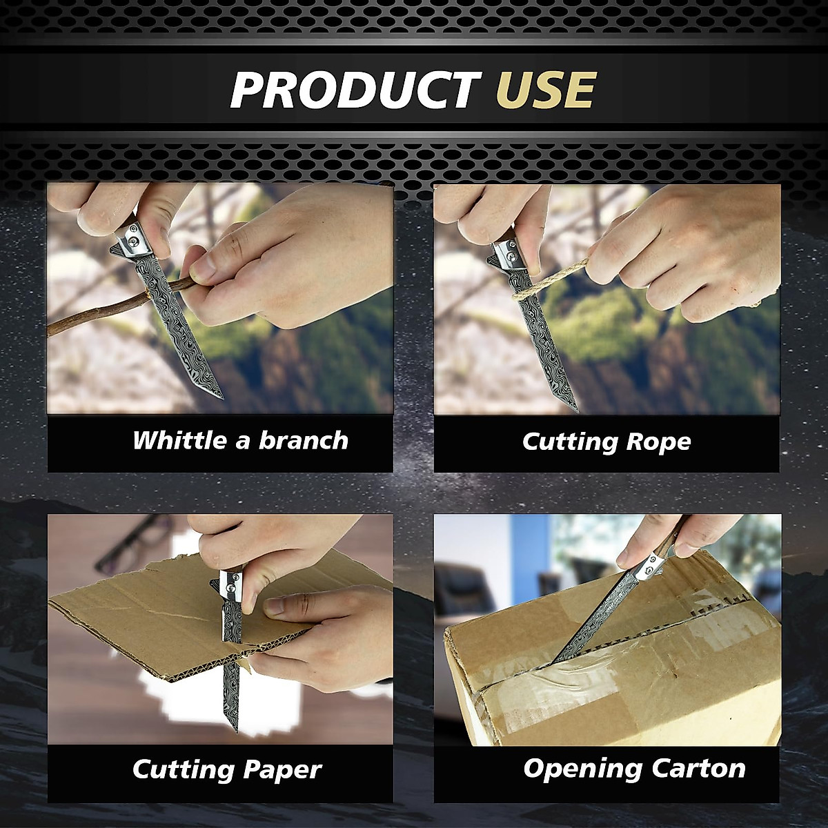 ohmonlyhoo Folding Knife, 3.5 inch Pocket Knife for Men with Wooden Handle,Tanto Knife with Stainless Steel Blade, for Men and Women