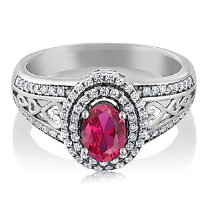 Gem Stone King 925 Sterling Silver Red Created Ruby Ring For Women | 1.36 Cttw | Oval 6X4MM | Available In Size 5,6,7,8,9
