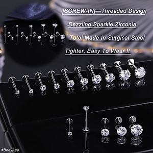 BodyAce 16G 18G Lip Studs Labret Ring, Nostril Stud Nose Rings for Women, Stainless Steel Medusa Helix Tragus Piercing Jewelry with Piercing Taper & Discs [1.0mm=18G,4/5/6mm CZ;L:10mm]