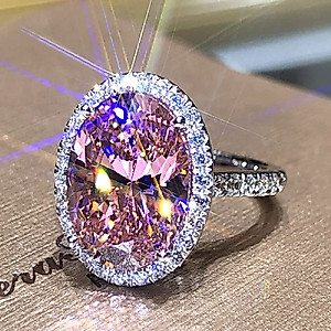 hsiyyecg Split Shank Platinum Plated Pink Crystal Rings, Big Oval Cubic Zirconia Ring, Women's Fashion Wedding Engagement Solitaire Rings Gifts (US Size 7)