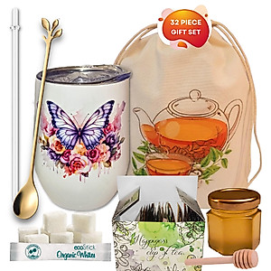 Tea and Honey Gift Set: Tea Gift Basket with 18 Tea Bags, Sugar, and Honey Jar, Tea Gift Set with Tumbler, Variety Tea Sampler for Women and Men Tea Lovers, Get Well Soon, Sympathy & Self Care Package (Butterfly)
