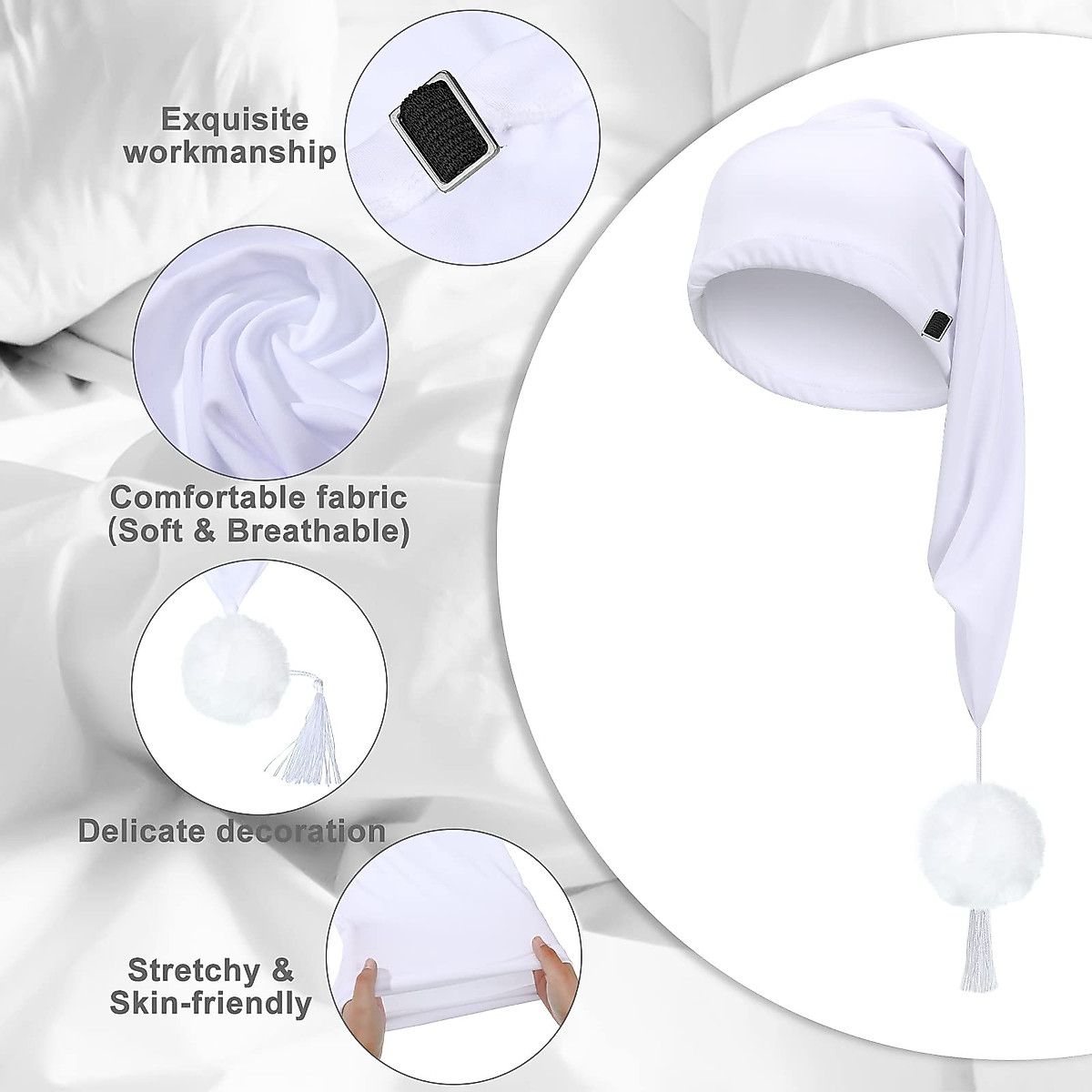 Geyoga 2 Pcs Men Silk Night Sleeping Cap Adjustable Drawstring Night Sleeping Cap with Pom Ball for Daily Use(White,Milk Fiber)