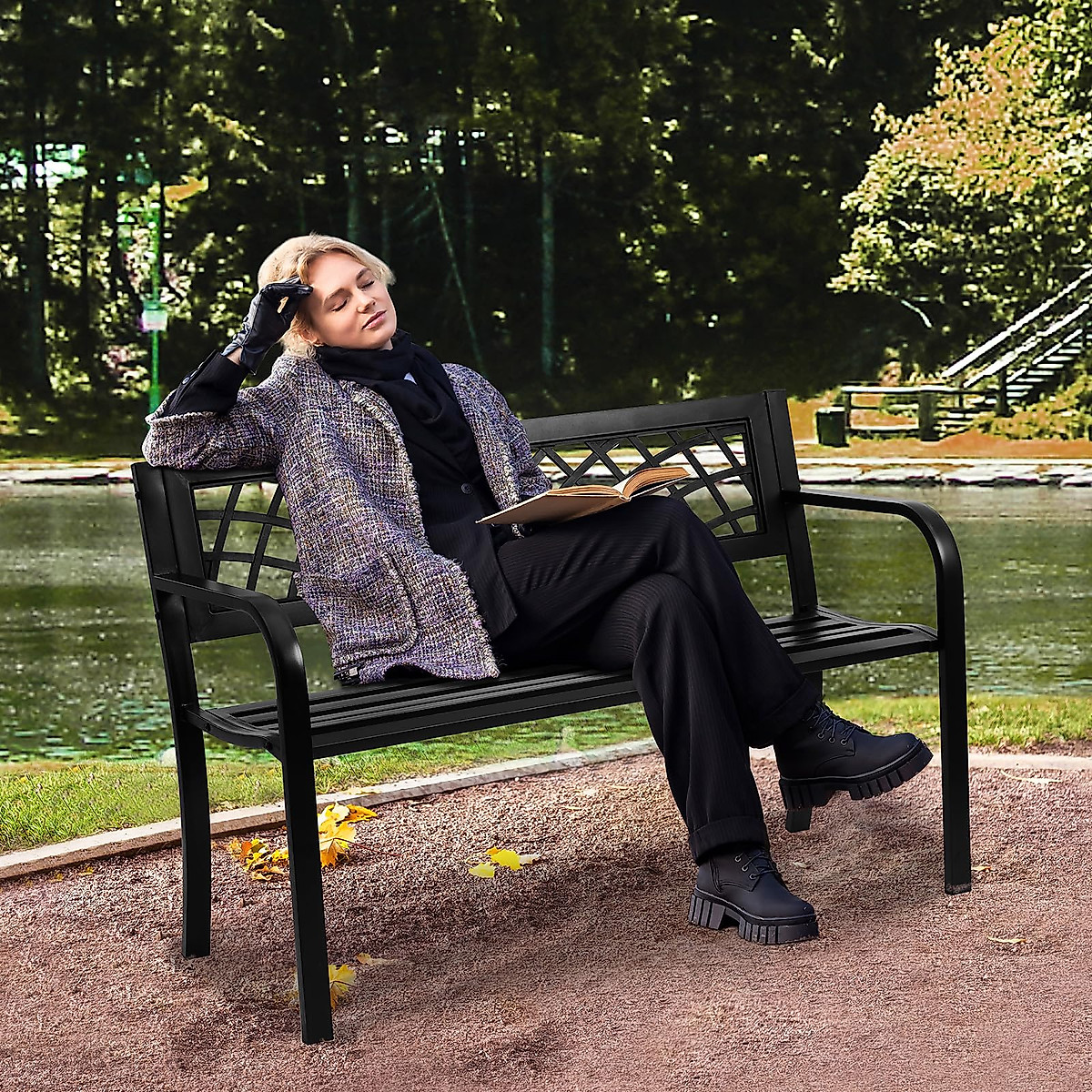 VEVOR Outdoor Bench, 480 lbs Load Capacity Bench, 46 inches Metal Garden Bench for Outdoors, Outdoor Garden Park Bench with Backrest and Armrests, Patio Bench for Garden, Park, Yard, Front Porch