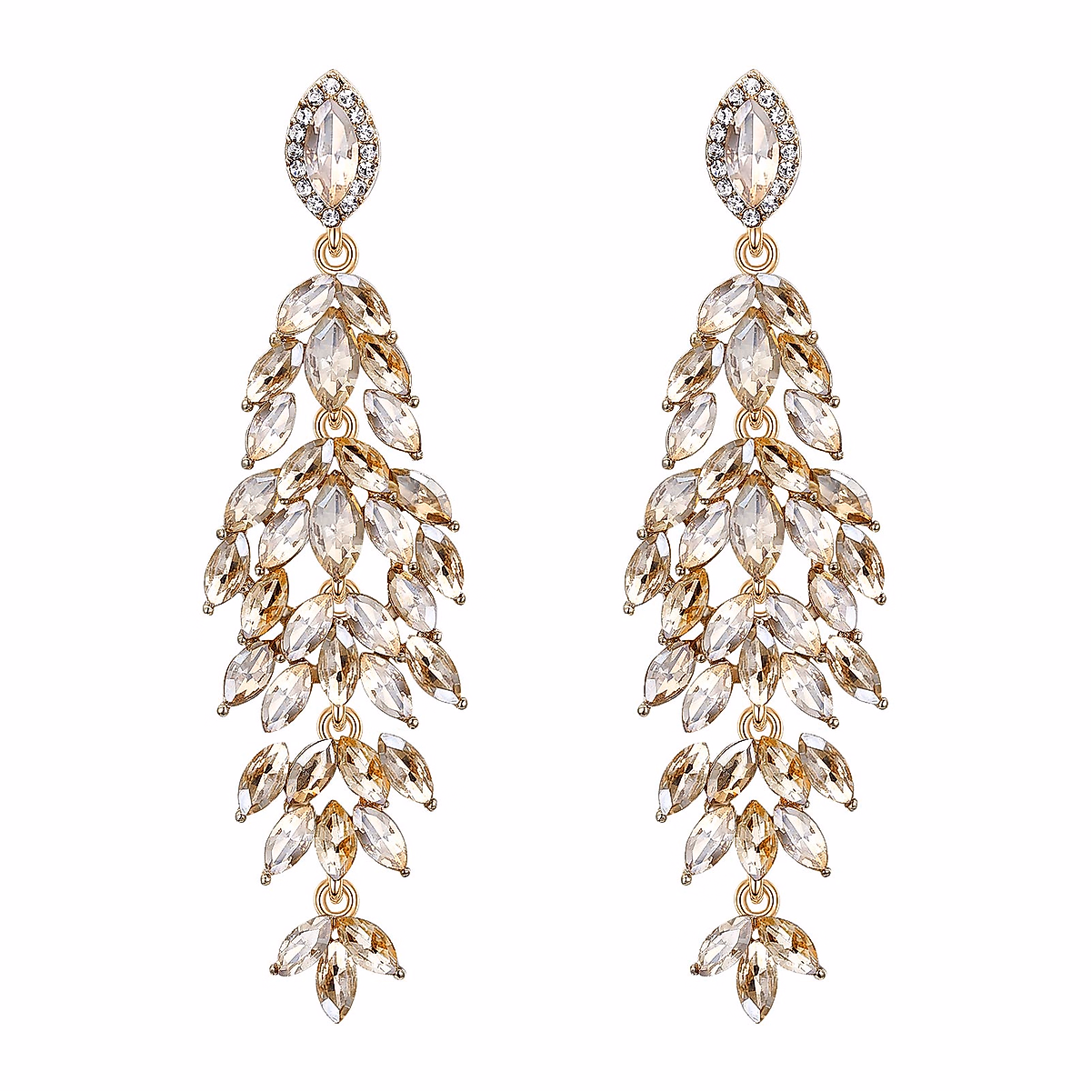 BriLove Women's Wedding Bridal Crystal Multi Marquise-Shape Leaf Cluster Chandelier Dangle Earrings Champagne Gold-Toned