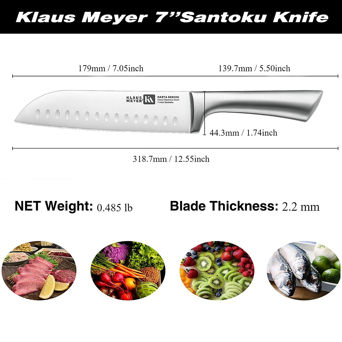 Klaus Meyer Hasta Premium High Carbon Steel 7 inch Santoku Japanese Chef Kitchen Knife