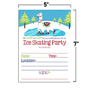 Colorful Llama Ice Skating Birthday Party Invitations, 20 5x7 Fill In Cards with Twenty White Envelopes by AmandaCreation