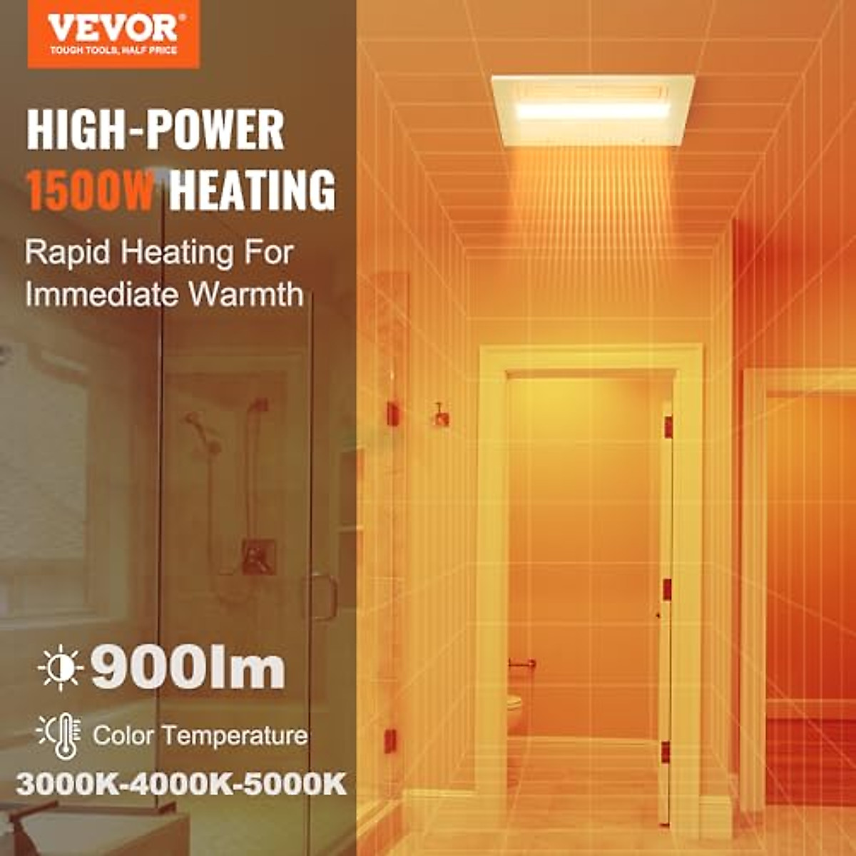 VEVOR Bathroom Exhaust Fan, 110 CFM Ventilation, 1.5sones Low Noise Operation, Remote Control, Cooling&Heating, LED Light 3000/4000/5000K, Airflow Speed&Light Brightness Adjustable, Timer