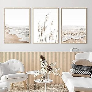 Beach Wall Art Boho Prints Coastal Canvas Wall Art UNFRAMED, Beach Pictures Wall Art Pampas Grass Ocean Poster Plant Landscape Beach Scene Artwork for Living Room Bedroom Decor 16x24 Inch, Set of 3